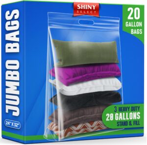 shiny select 20 gallon jumbo storage bag with handle, resealable zipper top 24x32, 3 bags - clear big plastic, extra large xl, 4 mil thick heavy duty for travel, moving, clothing, bedding