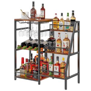 versatile liquor stand for home bar, wine rack freestanding floor, mini bar table for liquor whiskey wine, 3-tier trapezoidal liquor bottle display shelf with glass holder and fences(patent pending)