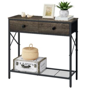 tajsoon console table with 2 fabric drawers, 2-tier industrial entryway table with storage shelves, 31.5'' narrow sofa table, display shelf for entryway, hallway, living room, foyer, greige