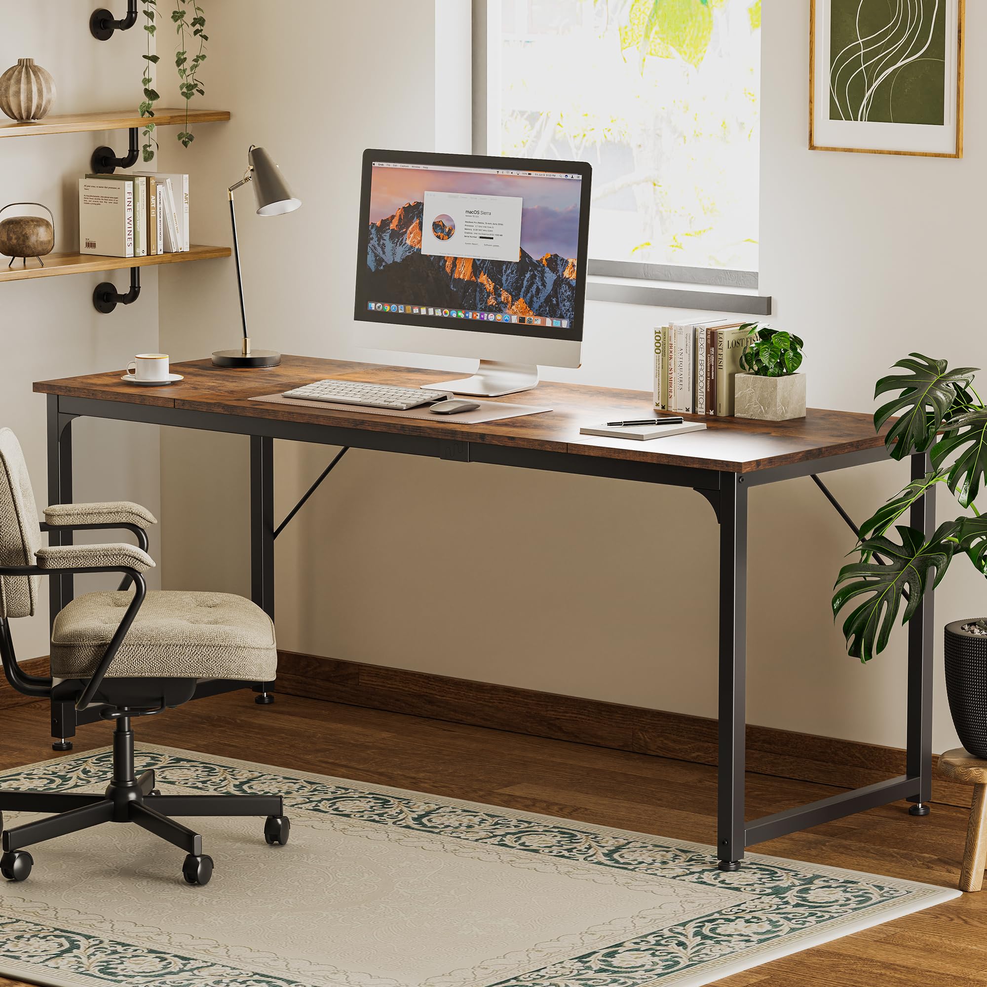 Huuger Computer Desk, 70 Inch Office Desk, Gaming Desk with Storage, Writing Desk Work Desk for Home Office, Study, Long Simple Desk, Large Legroom, Metal Frame, Rustic Brown