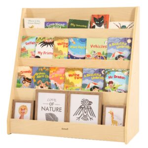 single-sided bookshelf, wooden bookshelf, 4-layer toddler bookshelf, children's magazine storage shelf, ideal for playrooms, bedrooms, study rooms, living rooms, nurseries and classrooms