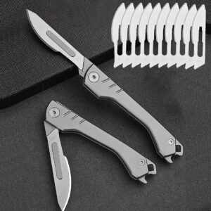 folding scalpel knife with 10pcs #24 replaceable blades, small pocket knife for men with bottle opener, edc utility knife, slim razor knife, surgical keychain knives for outdoor skinning (grey)