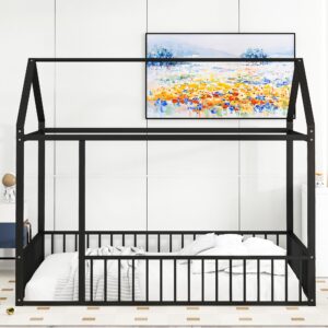 p purlove full size montessori floor bed,full metal house bed frame with fence rails for kids,montessori playhouse beds for girls boys teens, box spring required,black