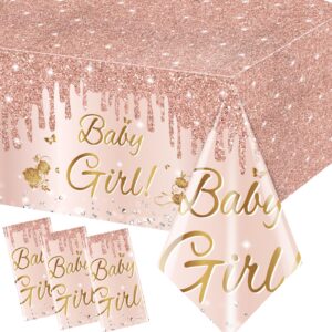 juweked 3pcs pink and gold baby shower tablecloth for girl baby shower table cloths rectangle girl baby shower table cloth baby shower plastic table cover gender reveal decor, 70.8" x 42.5"