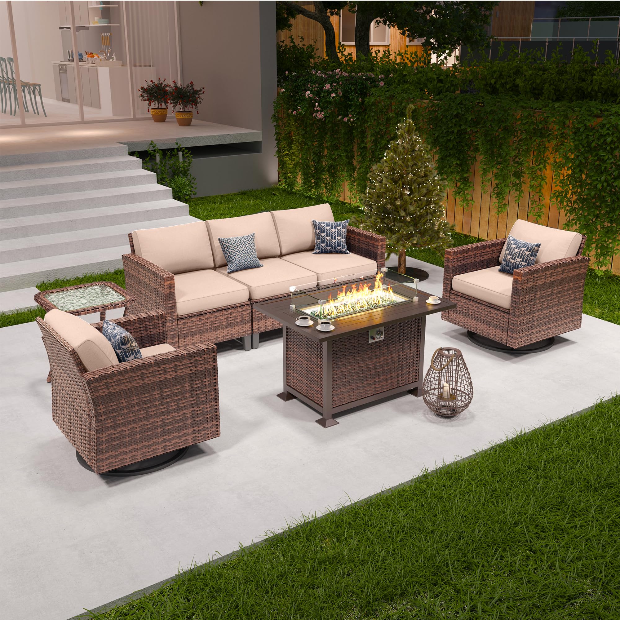 Amopatio Patio Furniture Set with Fire Pit Table, Outdoor Furniture Sectional Sofa with Swivel Chairs, Modern Conversation Sets for Balcony Backyard, Beige（Include Waterproof Covers ）