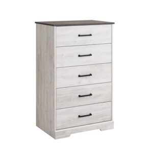 prepac rustic ridge farmhouse dresser, washed white dresser for bedroom, chest of drawers with 5 drawers 18.5" d x 27.5" w x 43.5" h, abdr-1605-1