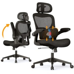 sunnow ergonomic office chair, comfy mesh desk chair, high back computer gaming chairs with adjustable lumbar support, flip-up arms, headrest, tilt function, wide cushion, swivel wheel, bifma quality