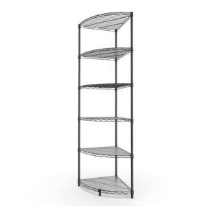 corner shelf wire shelving unit, 6 tier nsf metal 420lbs capacity heavy duty adjustable storage rack with shelf liners for closet kitchen bathroom garage basement, 72" h x 18" l x 18" d - black