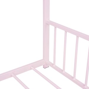 Favfurish Metal Full Size House Bed with Roof and Slats Support,Playhouse Design Montessori Floor Bed Frame W/Headboard & Footboard,No Box Spring Needed,for Kids Girls Boys,Pink