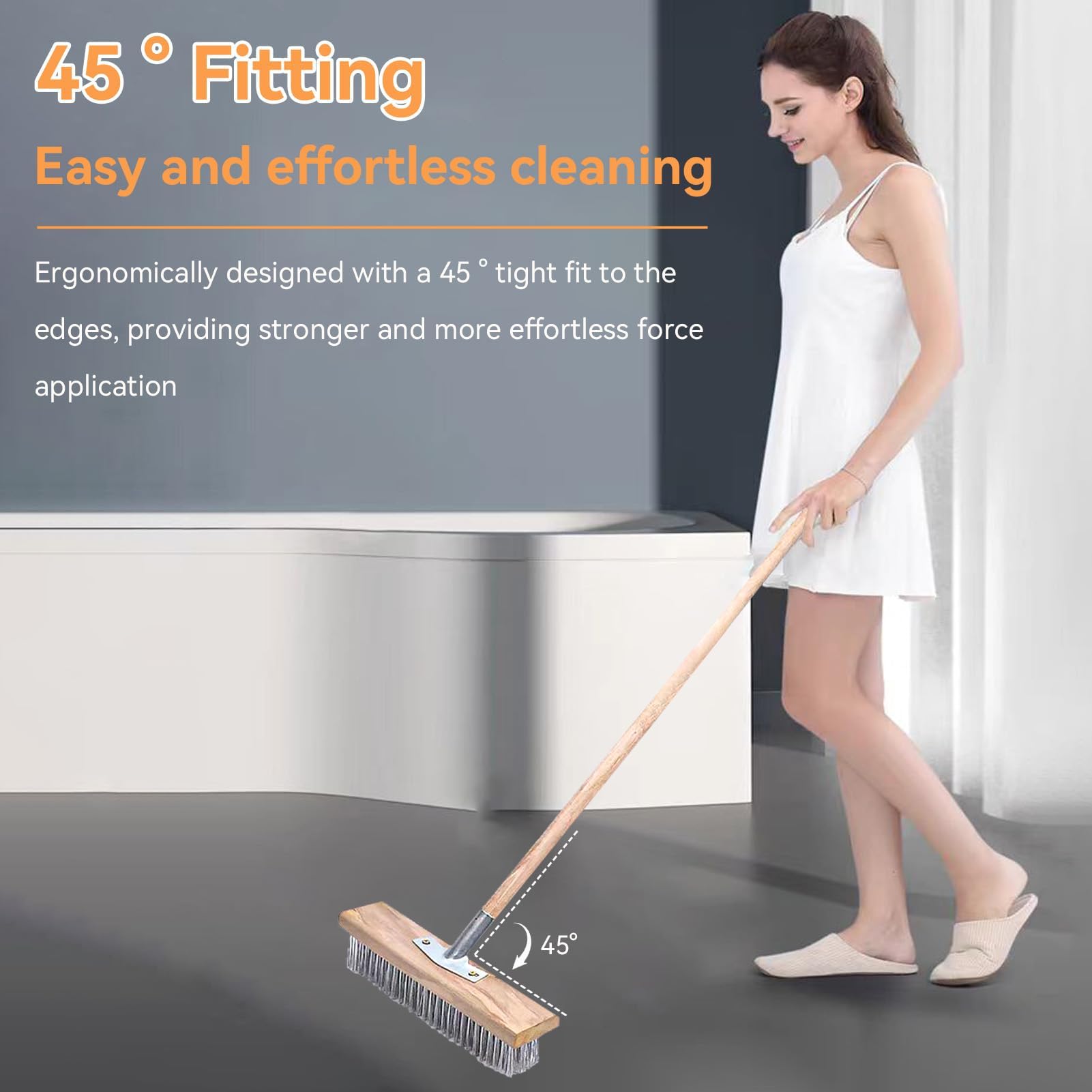 Rough Surfaces Floor Brush with Long Handle, 20cm Heavy Duty Stiff Bristles Floor Scrubber Stainless Steel Wire Deck Scrub Cleaning Tool for Tile, Deck, Garage, Kitchen, Bathroom, Deck