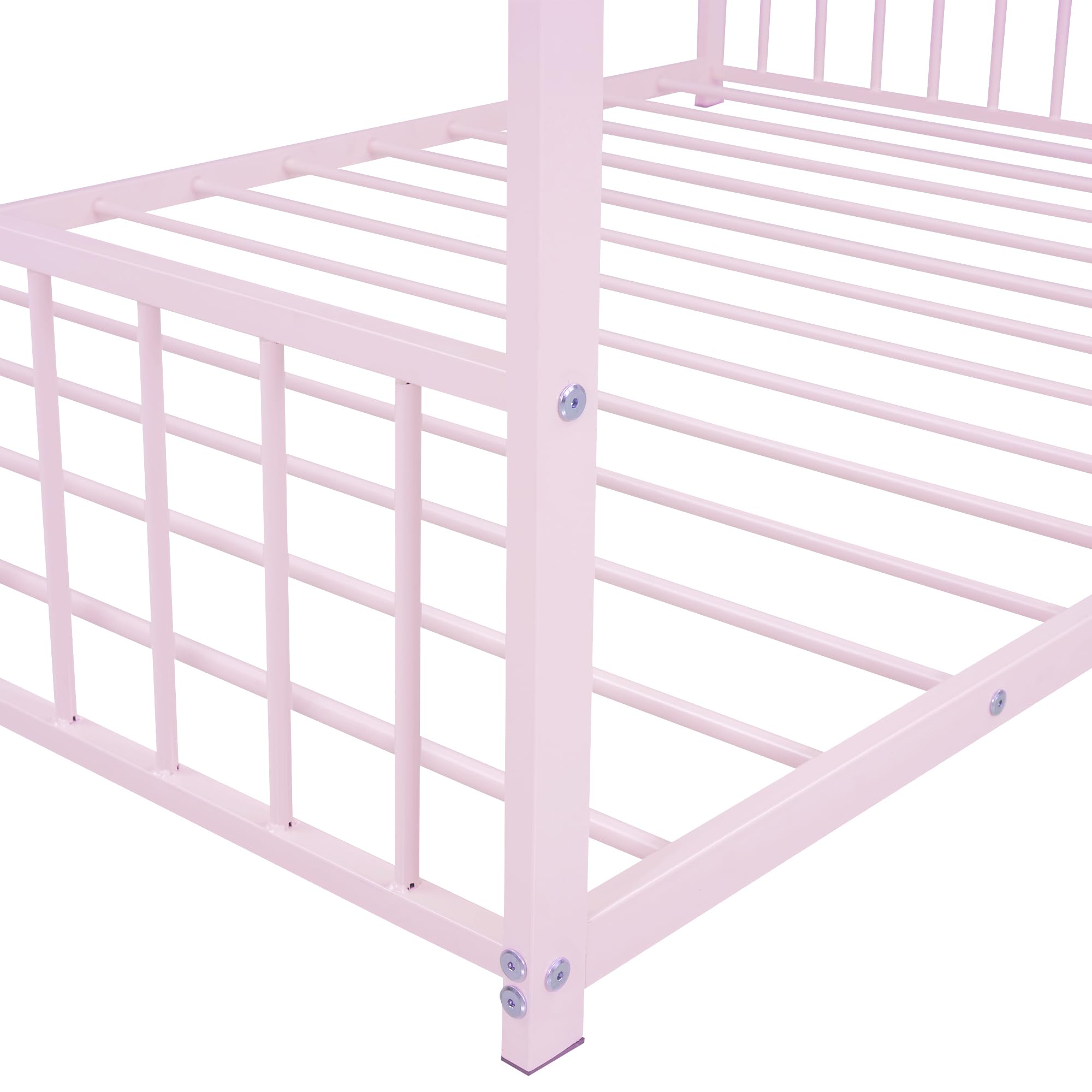 Favfurish Metal Full Size House Bed with Roof and Slats Support,Playhouse Design Montessori Floor Bed Frame W/Headboard & Footboard,No Box Spring Needed,for Kids Girls Boys,Pink