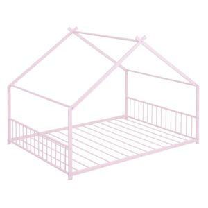 Favfurish Metal Full Size House Bed with Roof and Slats Support,Playhouse Design Montessori Floor Bed Frame W/Headboard & Footboard,No Box Spring Needed,for Kids Girls Boys,Pink