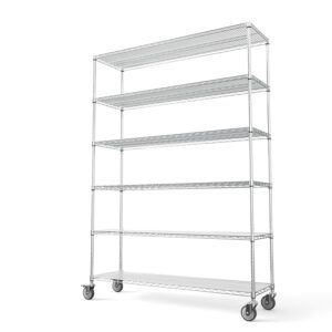 metal shelf wire shelving unit, heavy duty nsf 6 tier 6000lbs adjustable storage rack commercial grade utility steel storage rack with 5in wheels and shelf liners - 18" d x 60" l x 87.5" h- chrome