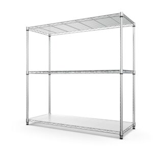 pouseayar metal shelf wire shelving unit, 3 tier nsf 1050lbs capacity heavy duty adjustable storage rack with shelf liners for kitchen garage basement, 48" h x 48" l x 18" d - chrome