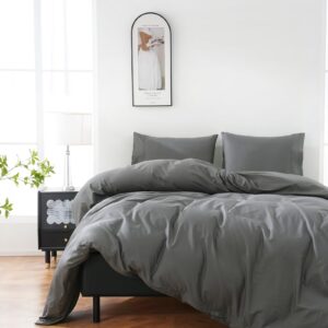 overket 100% organic cotton duvet cover queen size luxury 400 thread count duvet cover queen size sateen comforter cover soft and breathable cooling bedding set 3 piece（dark grey，queen）