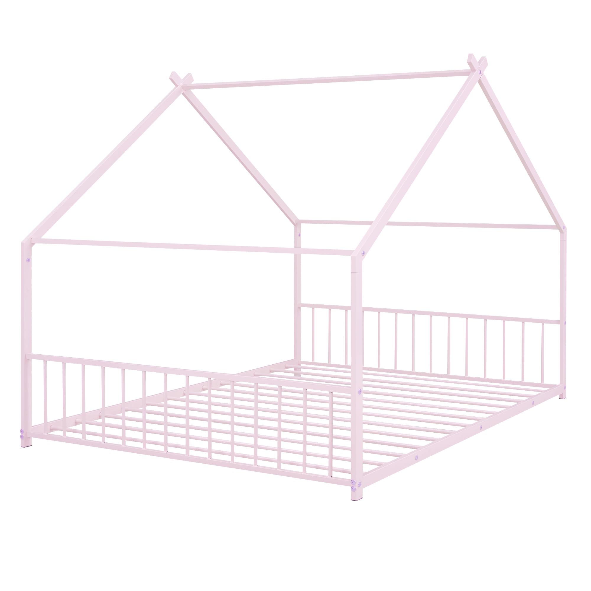 Favfurish Metal Full Size House Bed with Roof and Slats Support,Playhouse Design Montessori Floor Bed Frame W/Headboard & Footboard,No Box Spring Needed,for Kids Girls Boys,Pink