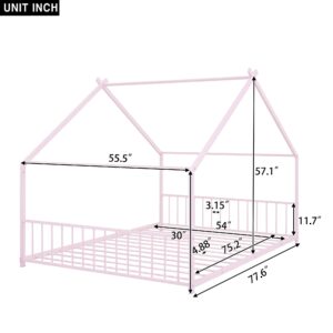 Favfurish Metal Full Size House Bed with Roof and Slats Support,Playhouse Design Montessori Floor Bed Frame W/Headboard & Footboard,No Box Spring Needed,for Kids Girls Boys,Pink