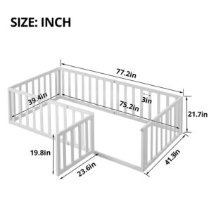 Twin Floor Bed for Kids Solid Wood Montessori Bed Frame with Door & Safety Guardrails Multifunctional Montessori Floor Bed for Toddlers, No Weight Limit, Easy Assemble, White