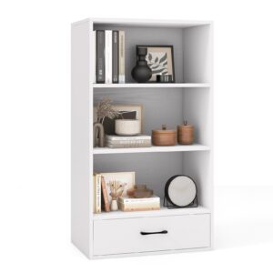 ifanny 3 shelf bookcase with drawer, wood bookshelves and bookcases, cube bookcase shelf, small bookshelf with storage for small spaces, white book shelf for bedroom, living room, home office