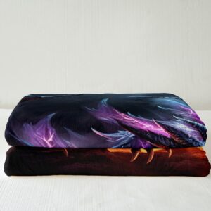 Black Dragon Throw Blanket for Couch Magic Animal Fleece Blanket, Magical World Sherpa Blanket Neon Purple Lightning Blanket, Fire Flames Bed Blanket Kids 3D Dragon Theme Bedroom Decorations