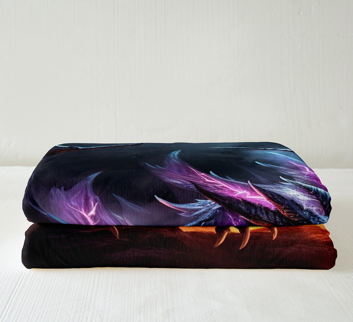 Black Dragon Throw Blanket for Couch Magic Animal Fleece Blanket, Magical World Sherpa Blanket Neon Purple Lightning Blanket, Fire Flames Bed Blanket Kids 3D Dragon Theme Bedroom Decorations