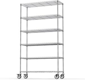 6 tier kitchen shelves organizer, 2100lbs metal wire shelving rack w/innovative side mesh, heavy duty adjustable shelving units and storage for home office garage, 87.5" h x 48" w x 18" d - chrome