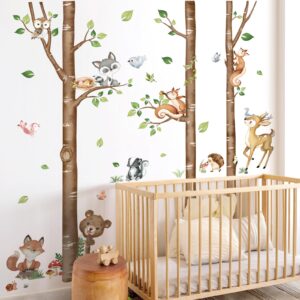 decalmile large birch tree forest animals wall stickers bear rabbit fox deer wall decals baby nursery toddler bedroom living room wall decor(h: 63inches/ 160cm)