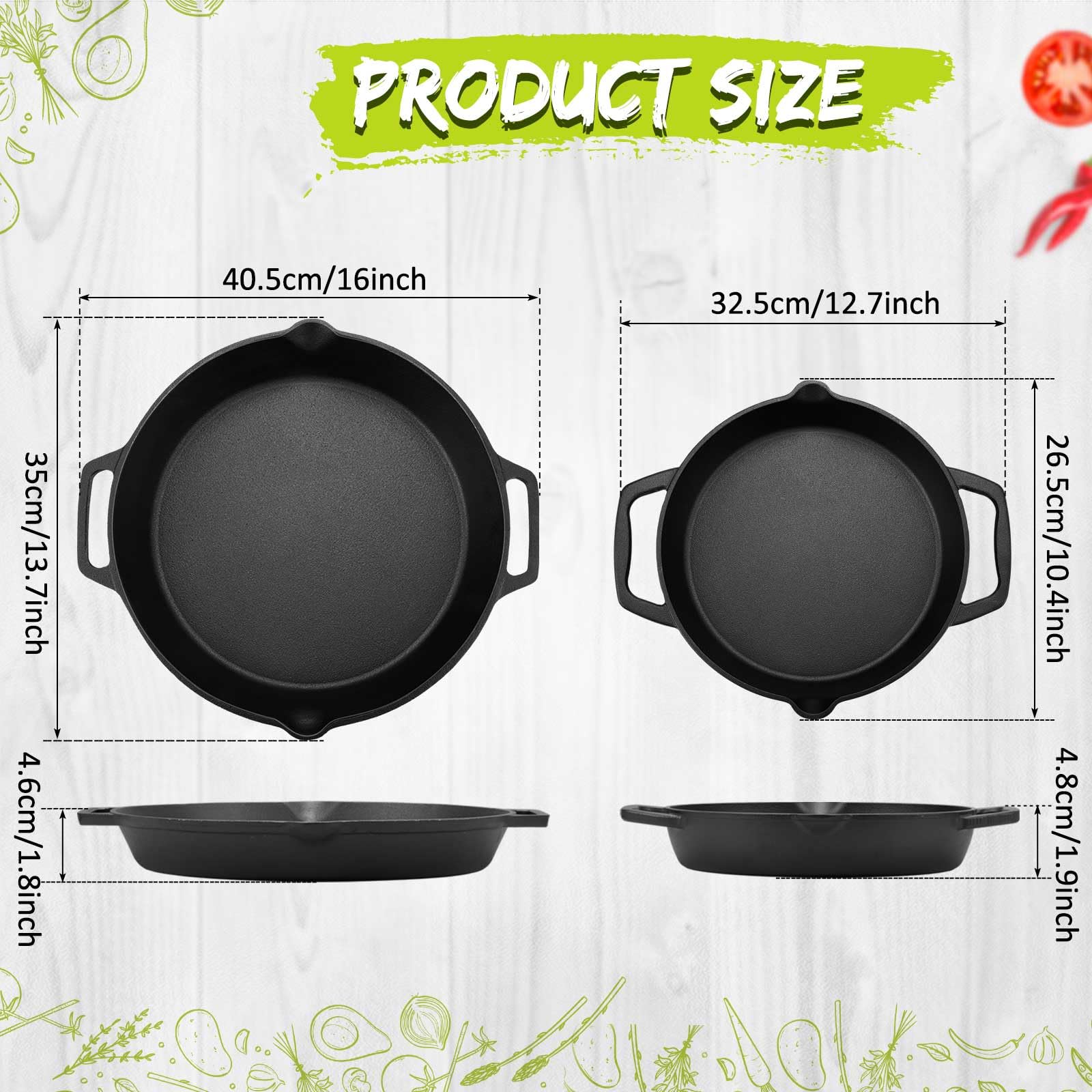 Sunnychicc 2 Pcs Cast Iron Skillets Set 12 Inch, 14 Inch Cast Iron Pan Pre Seasoned Wok Black Grilling Wok with Dual Handles and Double Pouring Spout