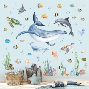 decalmile watercolor under the sea whale wall stickers ocean fish sea turtle seaweed underwater wall decals bathroom baby nursery bedroom wall decor