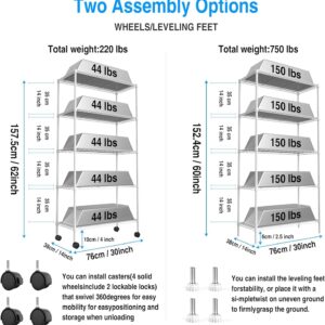 pouseayar Wire Shelving Unit 5 Tier NSF Metal Shelf, 750lbs Capacity Adjustable Storage Rack with Wheels & Shelf Liners for Garage Kitchen Office Bathroom, 60" H x 30" L x 14" D - White Set of 2