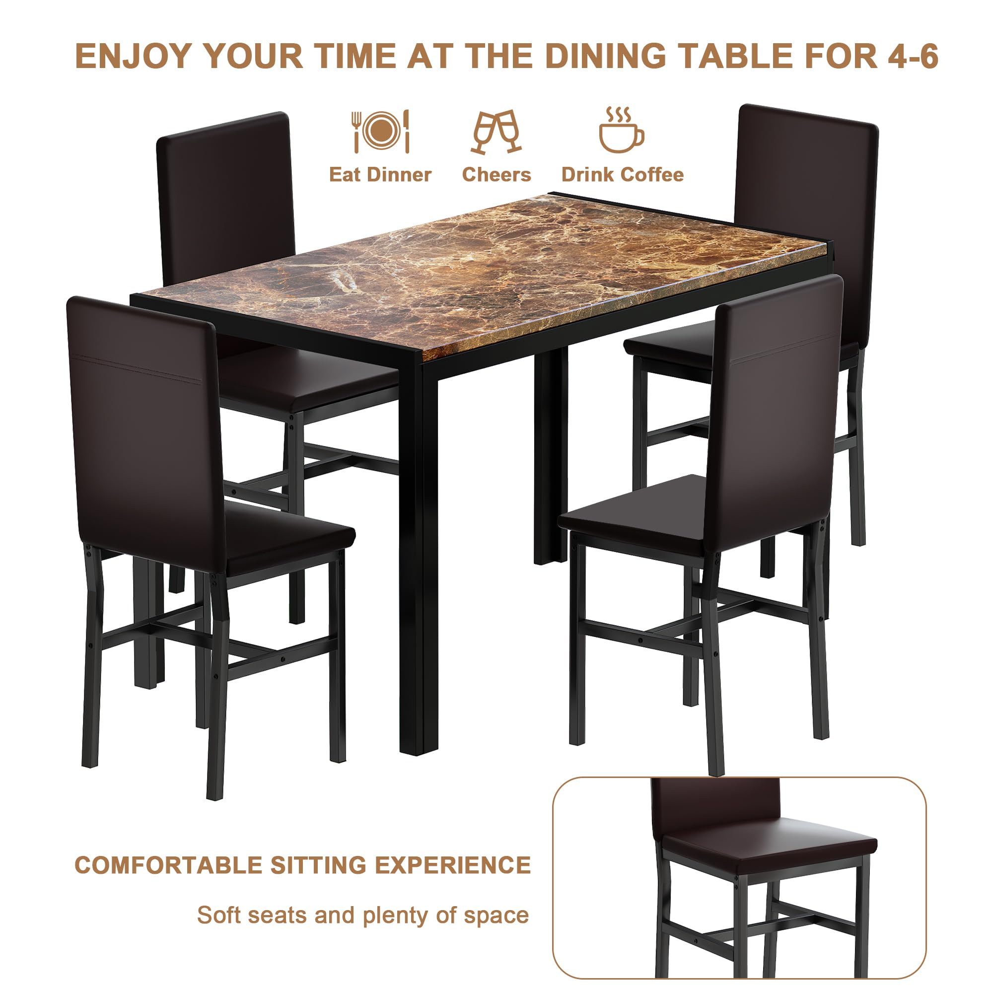 DKLGG Dining Table Set for 4, Modern Kitchen Table and Chairs Set with 4 PU Leather Chairs, Space-Saving Dinette Dining Room Table Set for Small Space Home Kitchen, Restaurant, Brown+Dark Brown