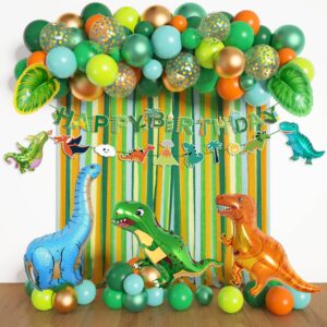 dinosaur birthday party decorations supplies happy birthday banner crepe paper green orange blue gold dino foil balloons garland arch kit for jungle safari dinosaur themed baby shower party boys kids