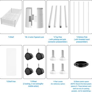 pouseayar Wire Shelving Unit 5 Tier NSF Metal Shelf, 750lbs Capacity Adjustable Storage Rack with Wheels & Shelf Liners for Garage Kitchen Office Bathroom, 60" H x 30" L x 14" D - White Set of 2