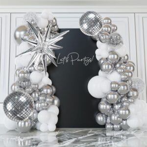 disco ball party balloon arch kit chrome metallic silver, matte white & confetti balloons | ideal for 2024 graduation，adult birthday, dancing queen decor, new year’s, holiday music themed events