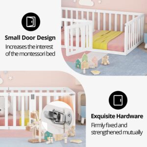 Twin Floor Bed for Kids Solid Wood Montessori Bed Frame with Door & Safety Guardrails Multifunctional Montessori Floor Bed for Toddlers, No Weight Limit, Easy Assemble, White