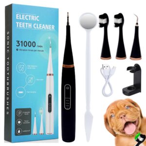 yunbim canident dog toothbrush, 5 adjustable strengths, ipx6 waterproof, removes tartar, ultra soft, reusable, includes 2 toothbrush heads, black-c