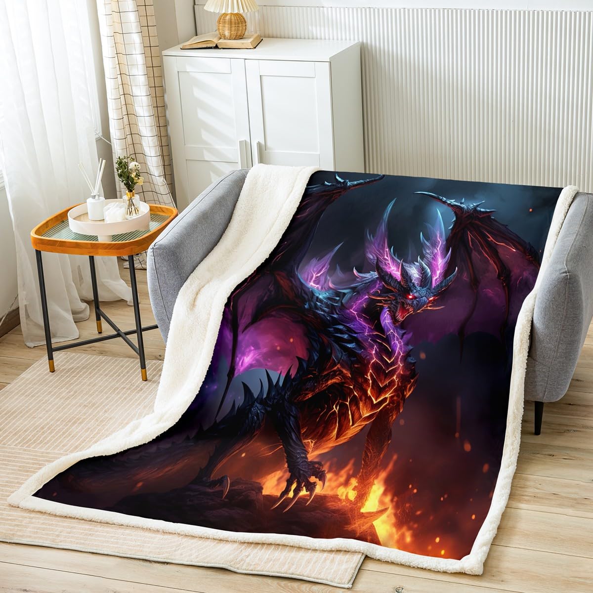 Black Dragon Throw Blanket for Couch Magic Animal Fleece Blanket, Magical World Sherpa Blanket Neon Purple Lightning Blanket, Fire Flames Bed Blanket Kids 3D Dragon Theme Bedroom Decorations