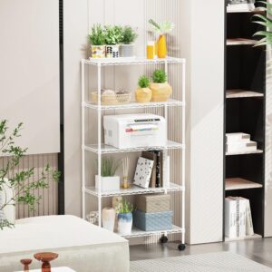 pouseayar Wire Shelving Unit 5 Tier NSF Metal Shelf, 750lbs Capacity Adjustable Storage Rack with Wheels & Shelf Liners for Garage Kitchen Office Bathroom, 60" H x 30" L x 14" D - White Set of 2