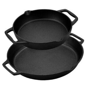 sunnychicc 2 pcs cast iron skillets set 12 inch, 14 inch cast iron pan pre seasoned wok black grilling wok with dual handles and double pouring spout