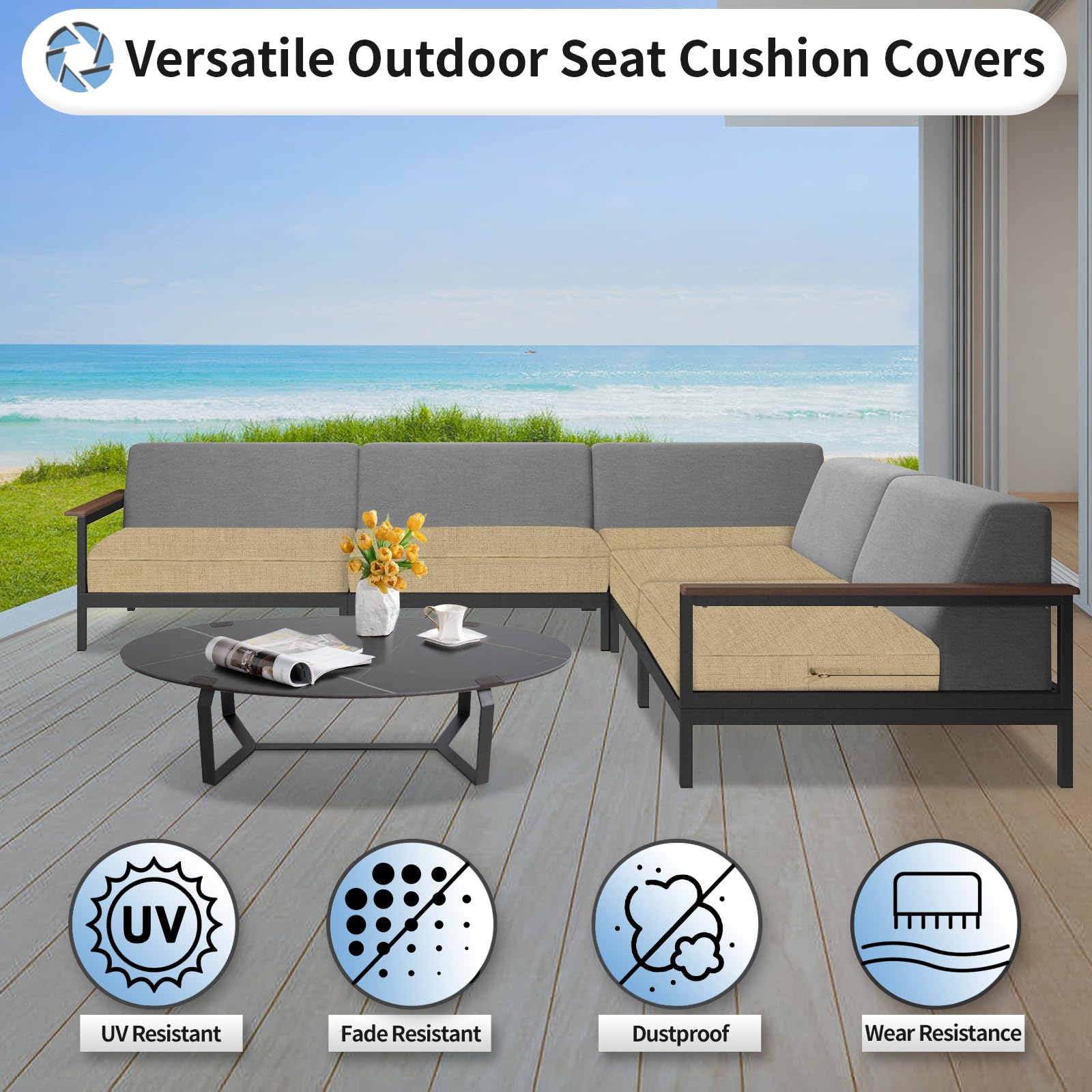 OutdoorLines Faux Linen Outdoor Cushion Covers Replacement 24"x24"x4", Waterproof Patio Cushion Cover for Outdoor Furniture, Outdoor Seat Cushion Covers for Patio, Garden (Set of 4, Camel, Cover Only)