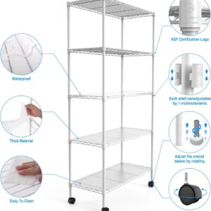 pouseayar Wire Shelving Unit 5 Tier NSF Metal Shelf, 750lbs Capacity Adjustable Storage Rack with Wheels & Shelf Liners for Garage Kitchen Office Bathroom, 60" H x 30" L x 14" D - White Set of 2