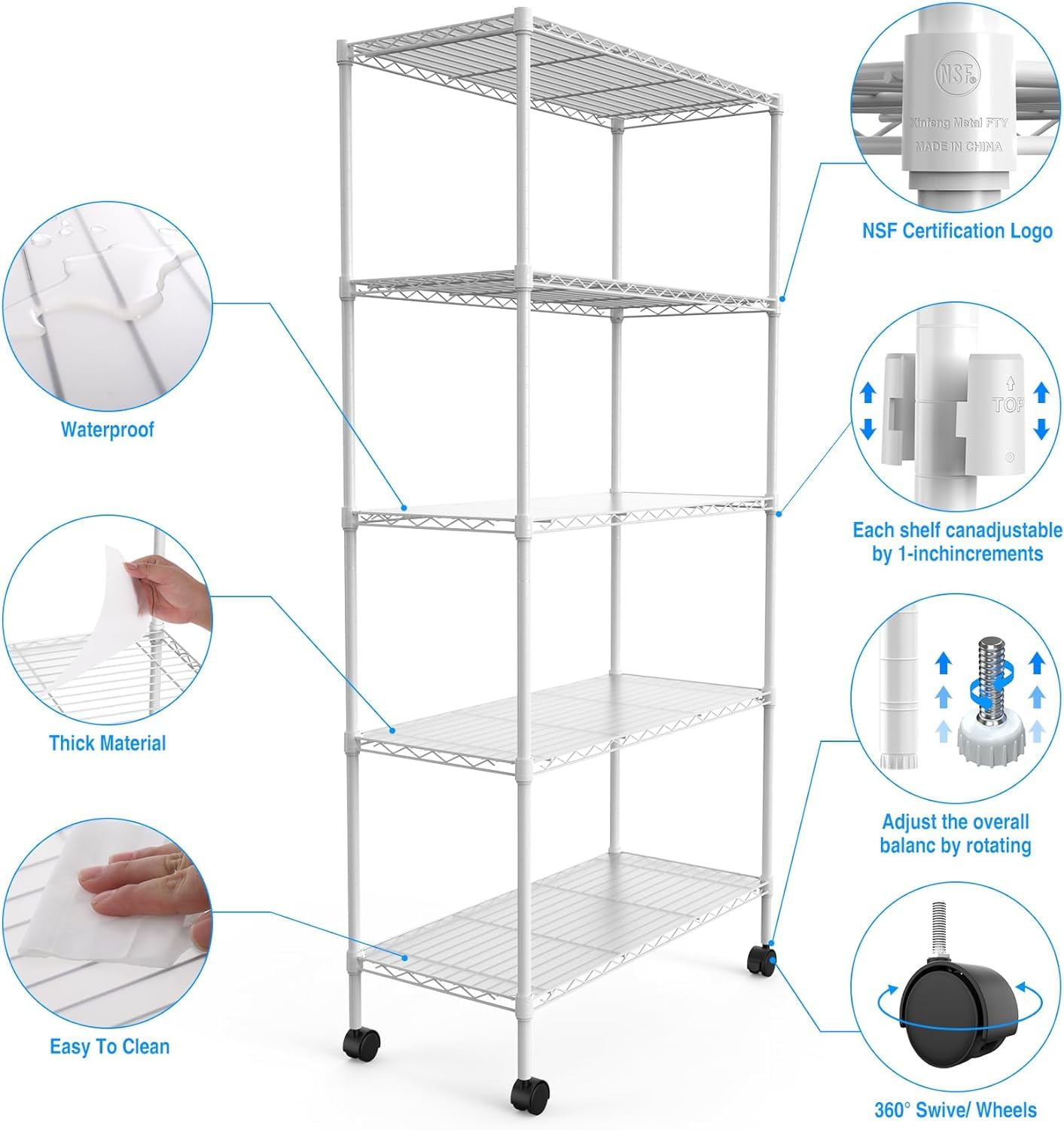 pouseayar Wire Shelving Unit 5 Tier NSF Metal Shelf, 750lbs Capacity Adjustable Storage Rack with Wheels & Shelf Liners for Garage Kitchen Office Bathroom, 60" H x 30" L x 14" D - White Set of 2