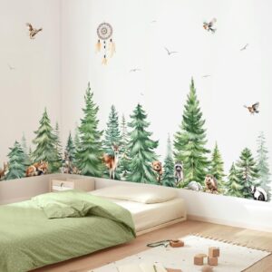 decalmile large watercolor pine tree animals wall stickers woodland forest tree fox deer bear wall decals baby nursery bedroom living room wall decor