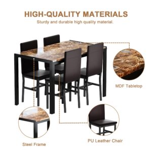 DKLGG Dining Table Set for 4, Modern Kitchen Table and Chairs Set with 4 PU Leather Chairs, Space-Saving Dinette Dining Room Table Set for Small Space Home Kitchen, Restaurant, Brown+Dark Brown