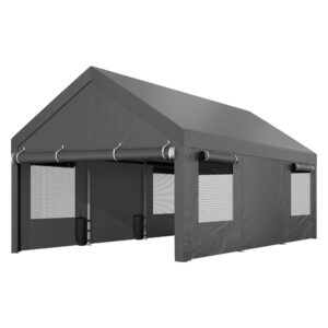 shintenchi 10x18.5ft heavy duty carport, portable garage with removable sidewalls, doors and ventilated windows, all-season tarp, uv resistant waterproof carport canopy for outdoor (grey)