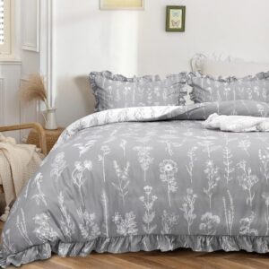 aspmiz floral duvet cover set queen size - 3 pieces grey ruffle comforter covers, botanical flower bedding cover set, soft leaves cover set with double sided pattern (1 duvet cover, 2 pillow shams)