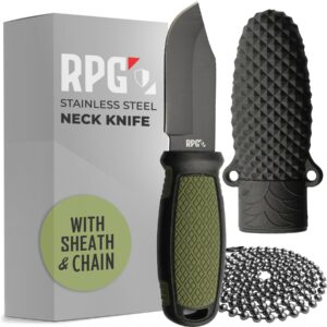 rpg mini small black full tang fixed blade edc tactical neck knife with link chain necklace & plastic molded sheath - concealable minimalist edc survival knife - 2.5 inch blade - stainless steel