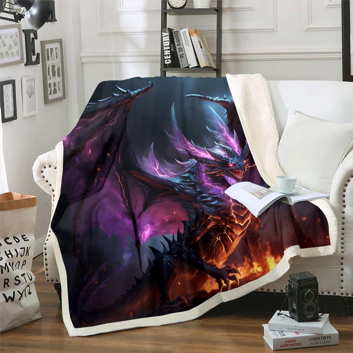 Black Dragon Throw Blanket for Couch Magic Animal Fleece Blanket, Magical World Sherpa Blanket Neon Purple Lightning Blanket, Fire Flames Bed Blanket Kids 3D Dragon Theme Bedroom Decorations