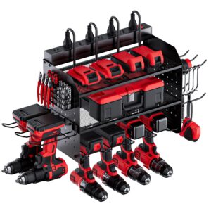 trzz power tool organizer with charging station, 3-layer, 8 outlets, cordless drill holder with 2 side pegboards, 6 drill holders, 4 hooks, 1 drill bit rack for garage, workbench, workshop, black