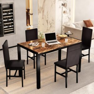 DKLGG Dining Table Set for 4, Modern Kitchen Table and Chairs Set with 4 PU Leather Chairs, Space-Saving Dinette Dining Room Table Set for Small Space Home Kitchen, Restaurant, Brown+Dark Brown